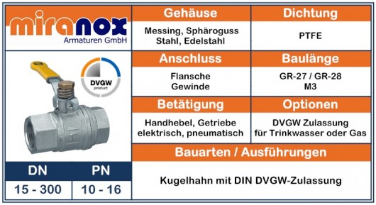 DIN DVGW Trinkwasser Kugelhahn / DVGW Gas Kugelhahn » miranox Armaturen GmbH Magdeburg